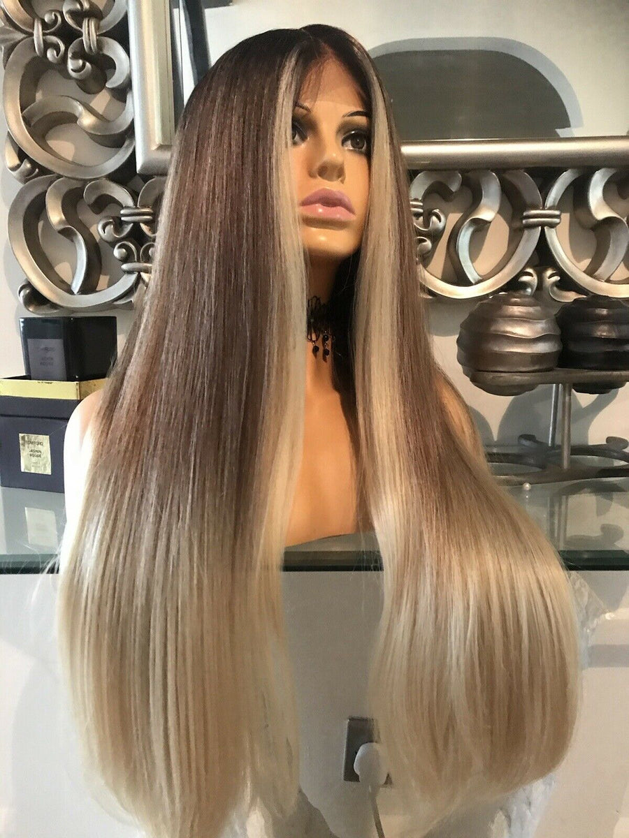 blonde human hair Blend Lace Front Wig Face Framing Chestnut Blonde 36 ...